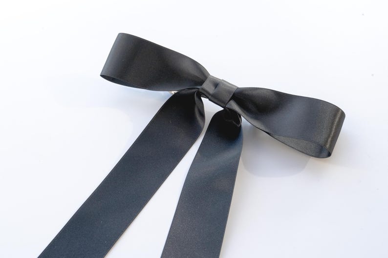 Personalized Silky Satin Bow With Tails Long Black Bow Barrette White ...