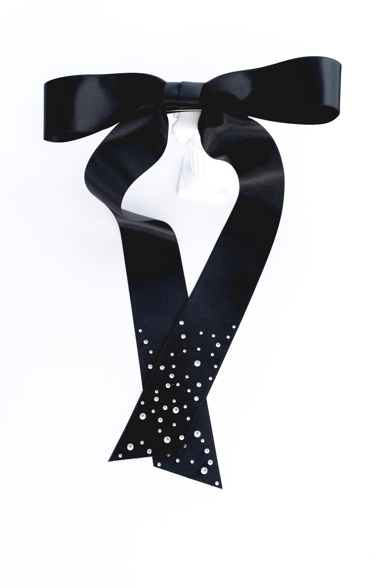 Personalized Silky Satin Bow With Tails Long Black Bow Barrette White ...