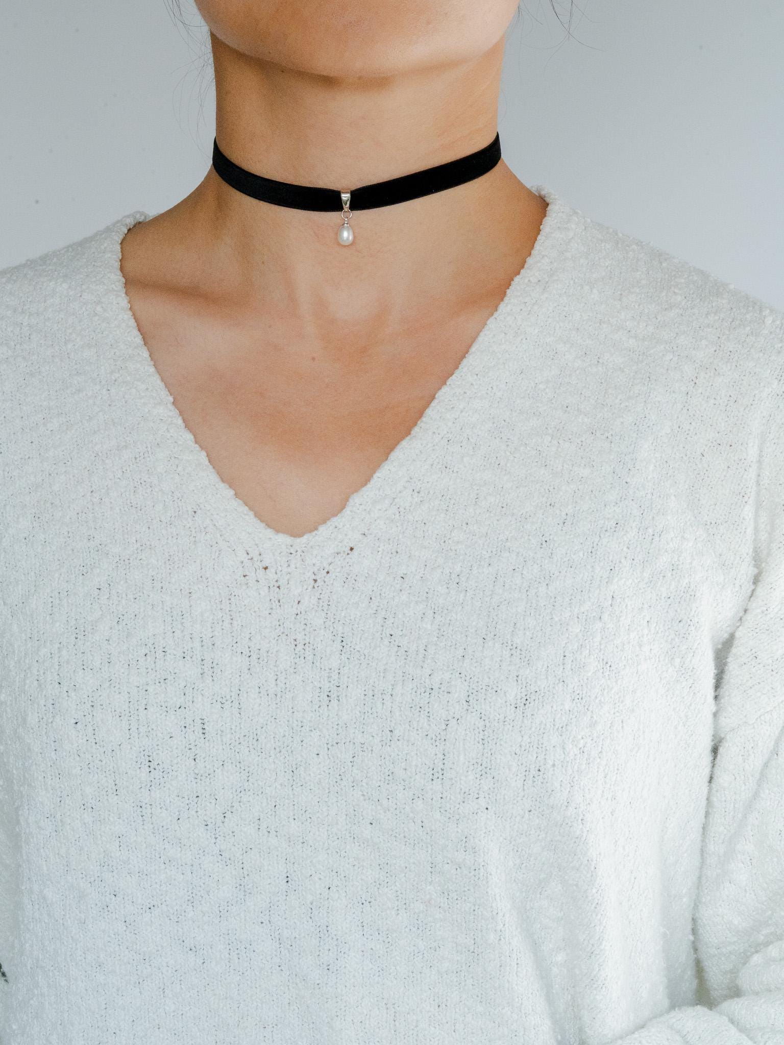 Black Velvet Choker With Freshwater Pearl Charm Minimalist Silver ...