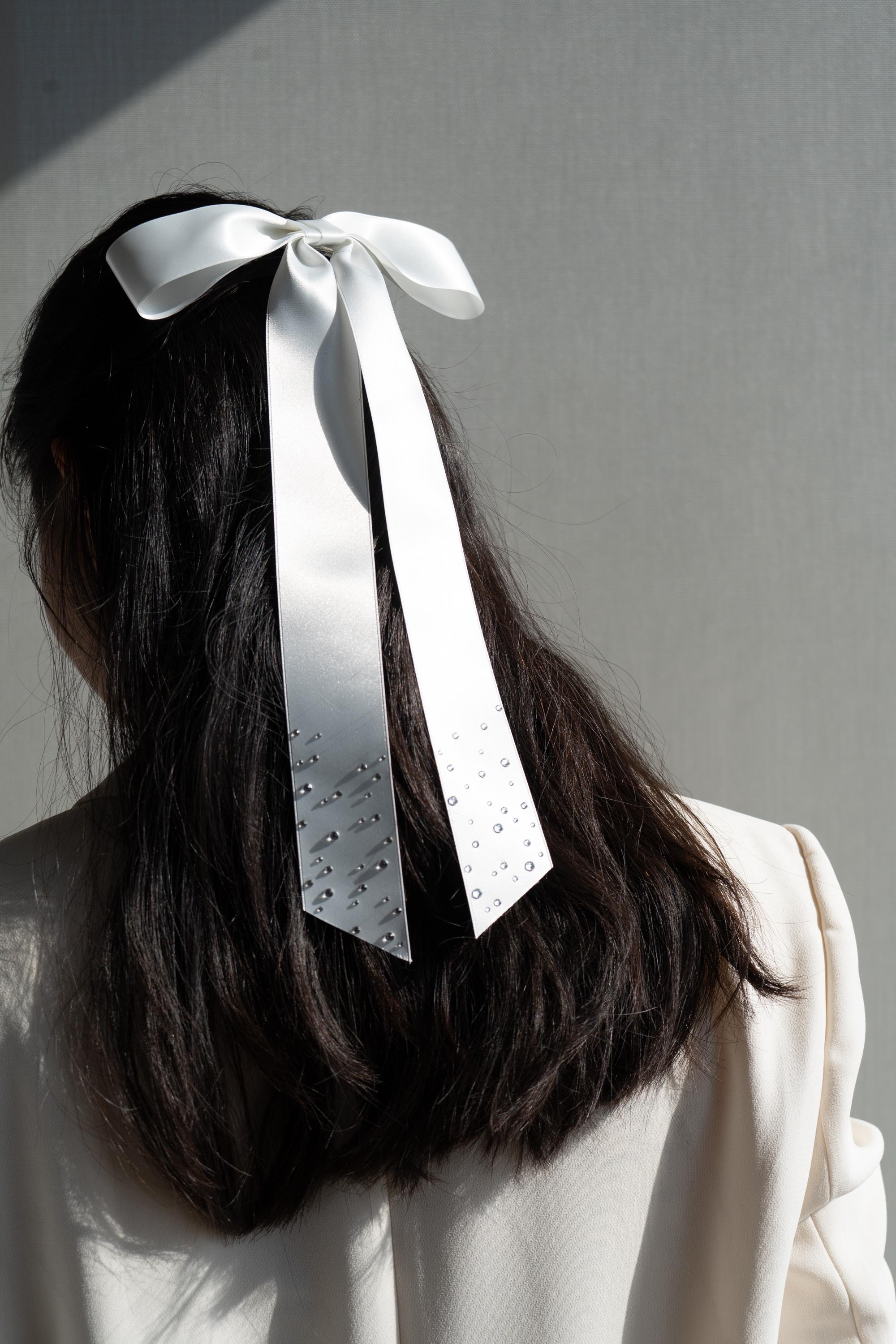 Personalized Silky Satin Bow With Tails Long Black Bow Barrette White ...