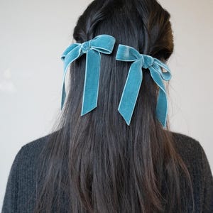 Petit Serene Blue Velvet Long Bow Barrette | Luxury Double Sided Velvet ...