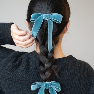 Petit Serene Blue Velvet Long Bow Barrette | Luxury Double Sided Velvet ...