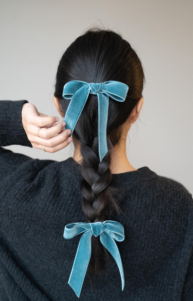Petit Serene Blue Velvet Long Bow Barrette | Luxury Double Sided Velvet ...
