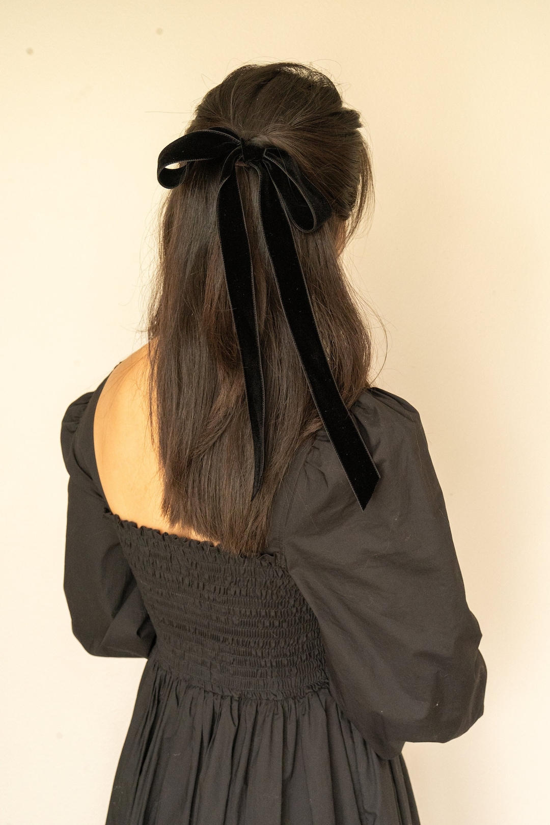 Black Velvet Long Bow Barrette Pony Hook Bow | Double Sided Velvet Bow ...