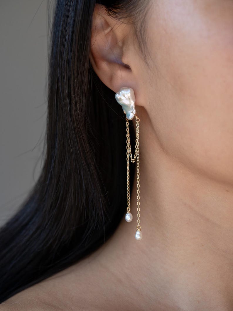 Gold Chain Pearl Earrings Long Drop Keshi Stud Earrings Freshwater ...