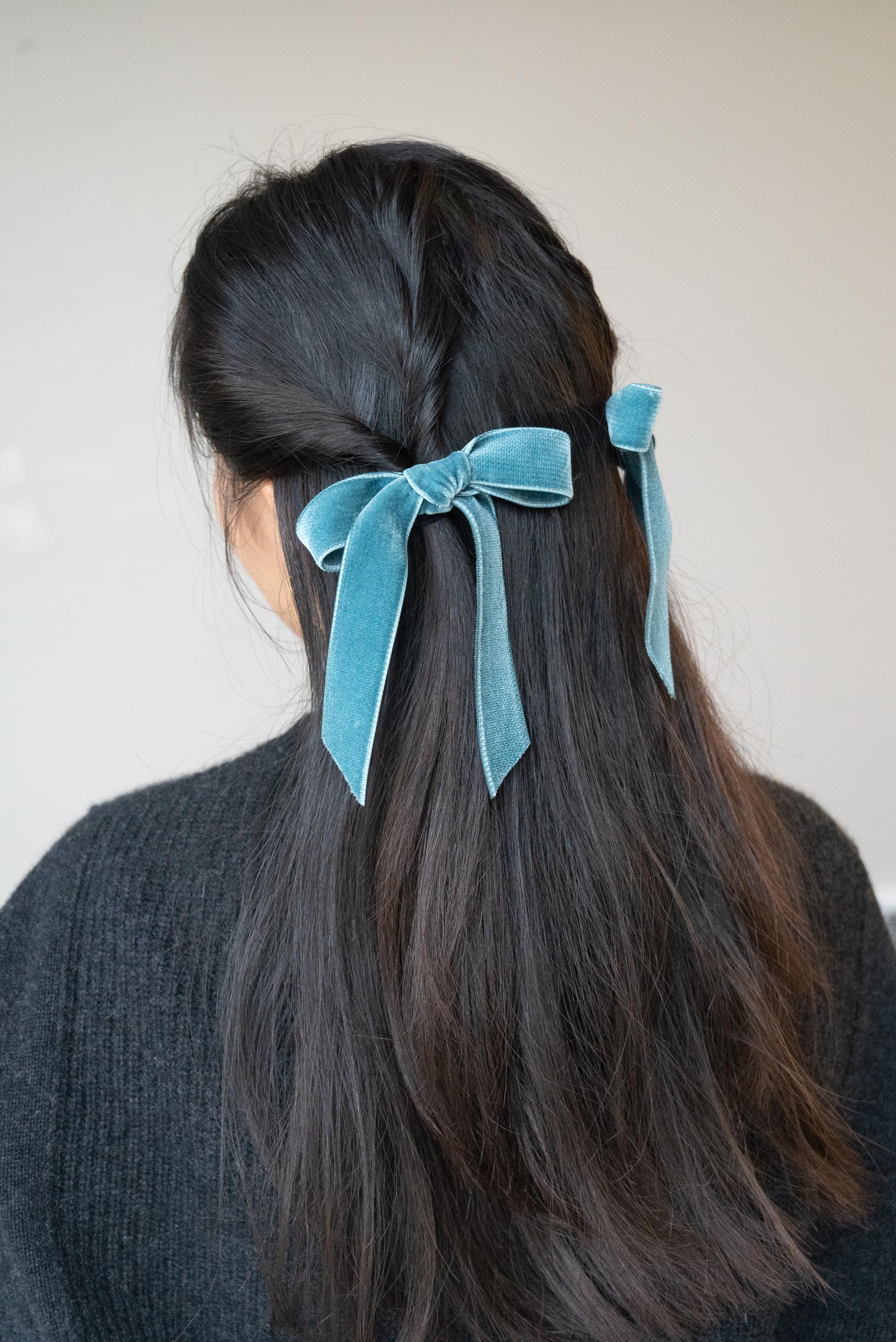 Petit Serene Blue Velvet Long Bow Barrette | Luxury Double Sided Velvet ...