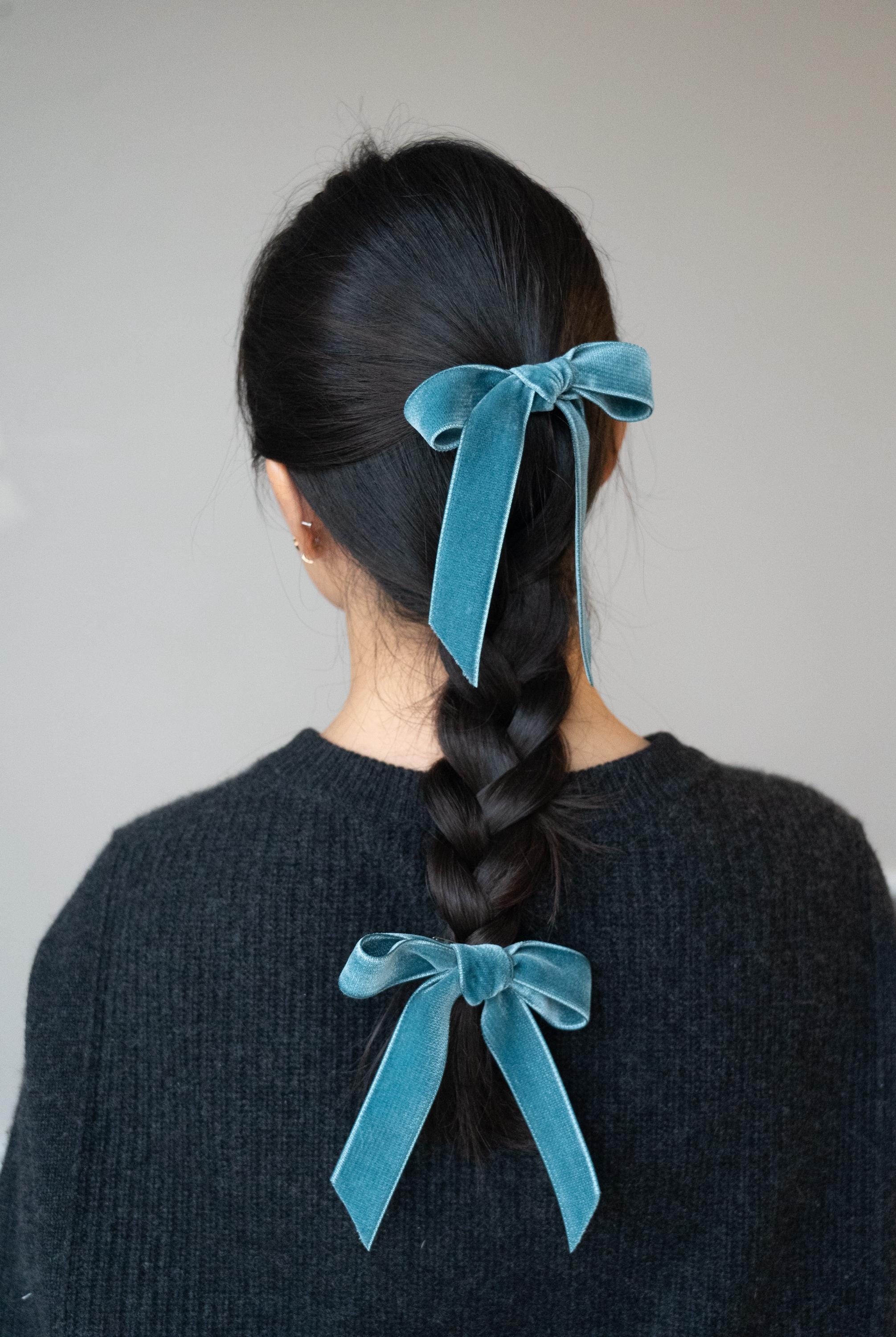 Petit Serene Blue Velvet Long Bow Barrette | Luxury Double Sided Velvet ...