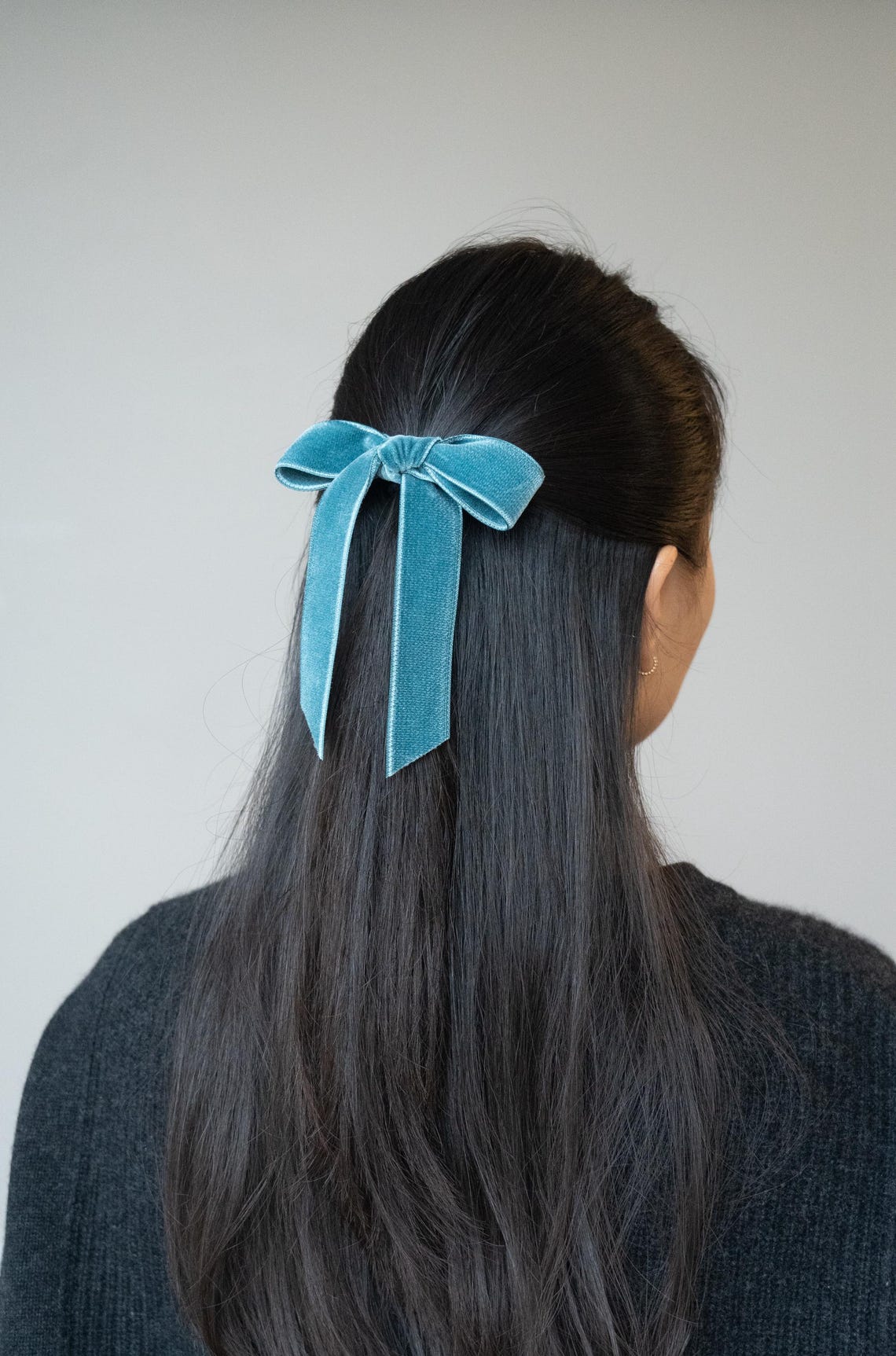 Petit Serene Blue Velvet Long Bow Barrette | Luxury Double Sided Velvet ...