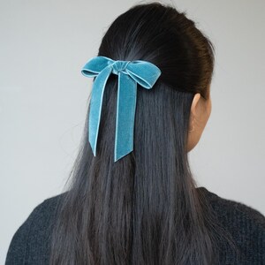 Petit Serene Blue Velvet Long Bow Barrette | Luxury Double Sided Velvet ...