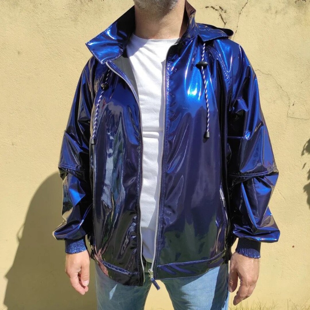 Blue Vinyl Rain Jacket High Gloss Pvc Coated Fabric Anorak - Etsy