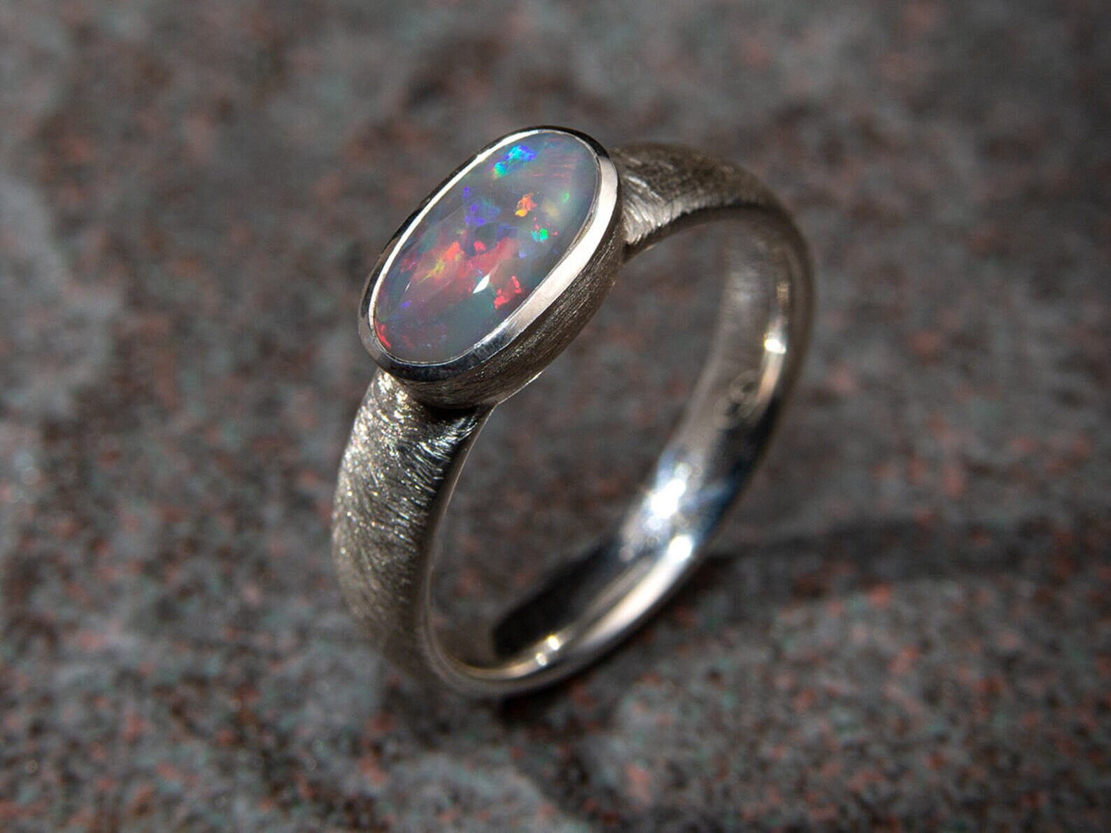 Opal Scratched Silver Ring Multicolor Oval Cabochon Gem Natural ...