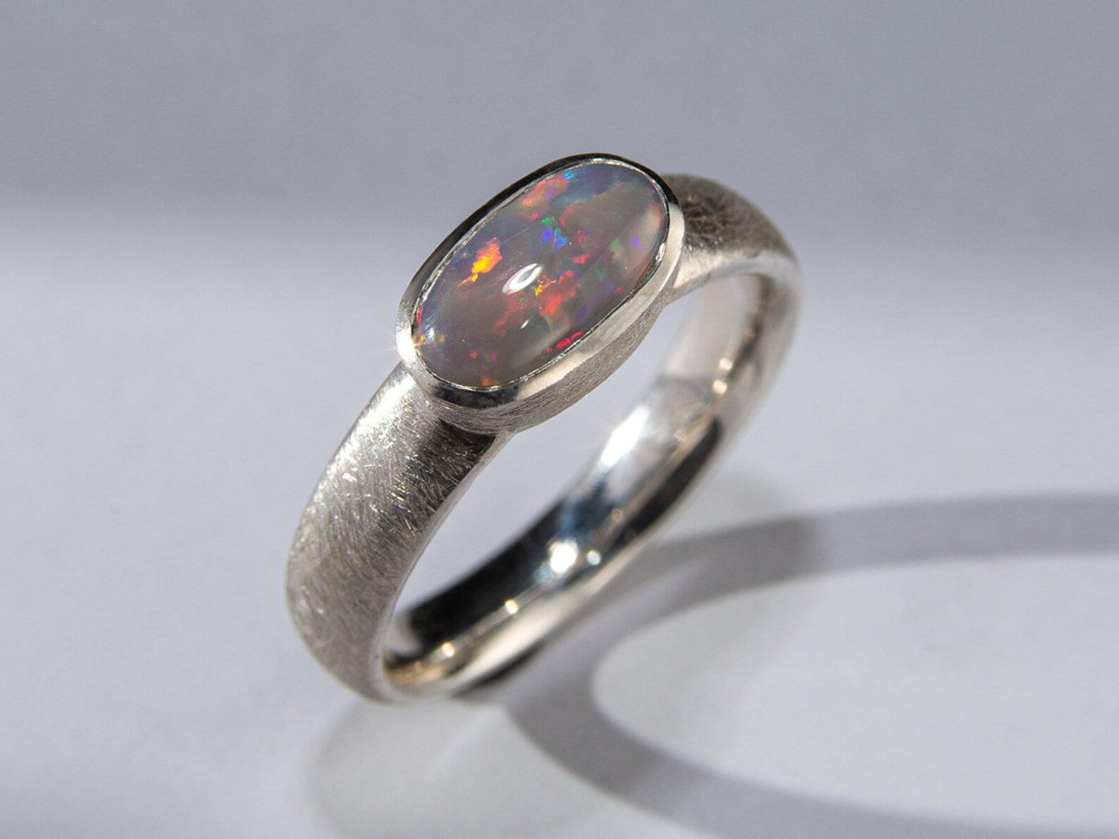 Opal Scratched Silver Ring Multicolor Oval Cabochon Gem Natural ...