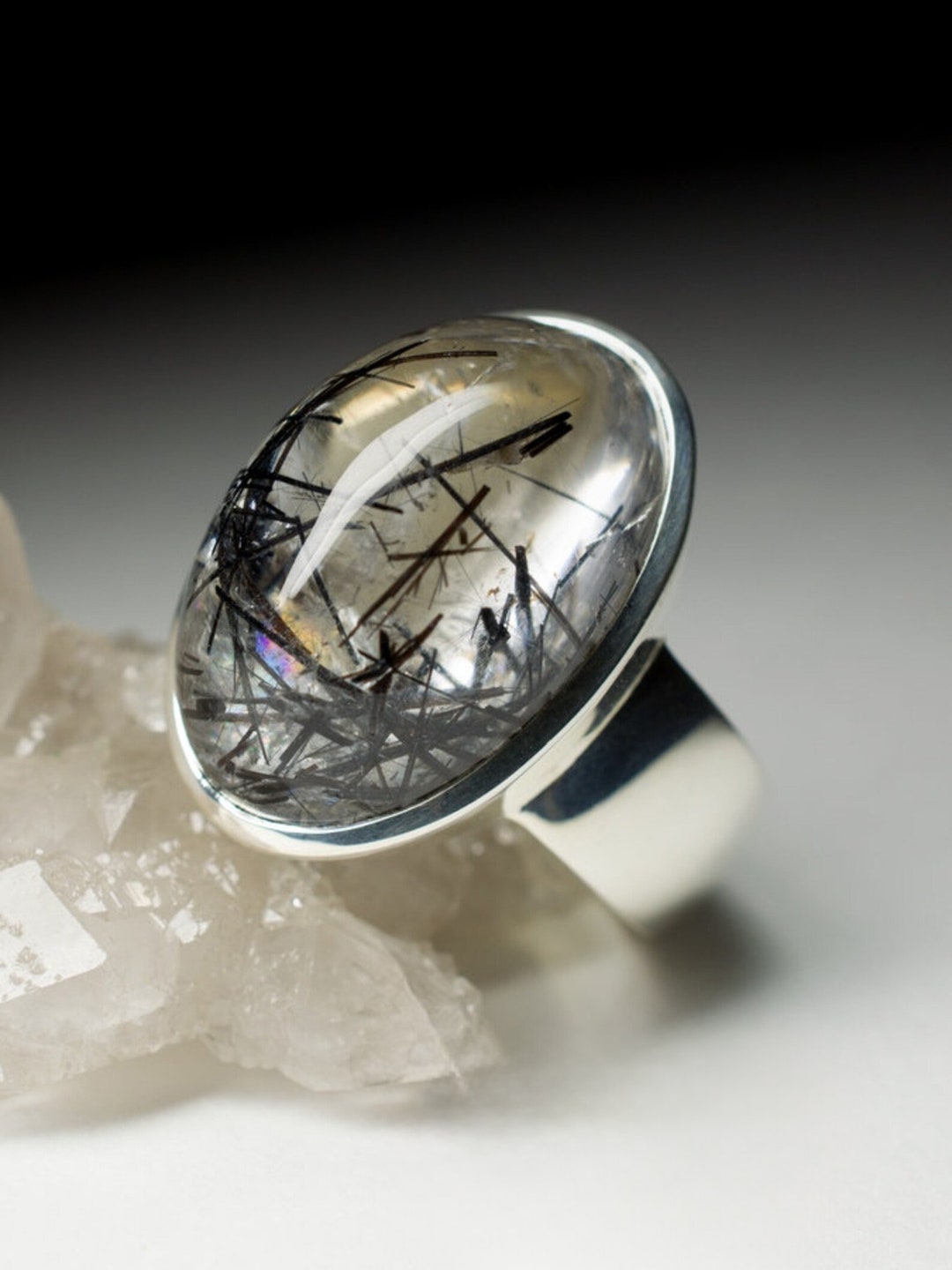Large Rutilated Quartz Ring Natural Black Tourmaline Quartz Gemstone ...