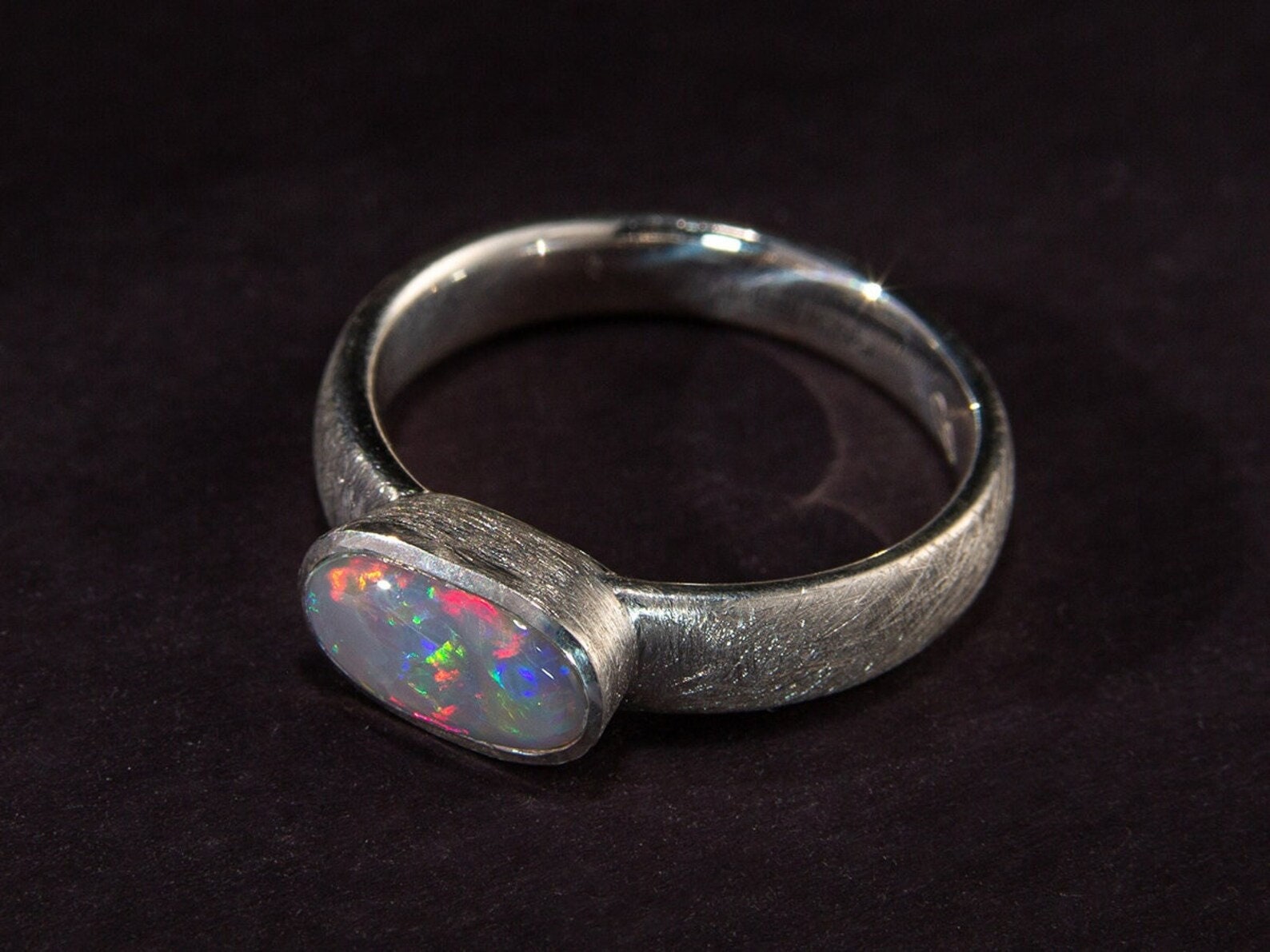 Opal Scratched Silver Ring Multicolor Oval Cabochon Gem Natural ...