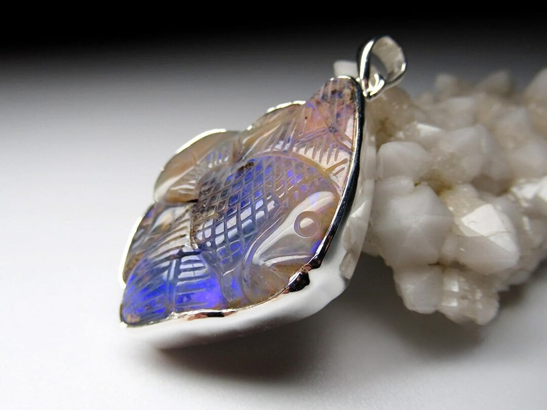 Opal Carving Silver Fish Shaped Pendant Natural Bicolor Gemstone ...
