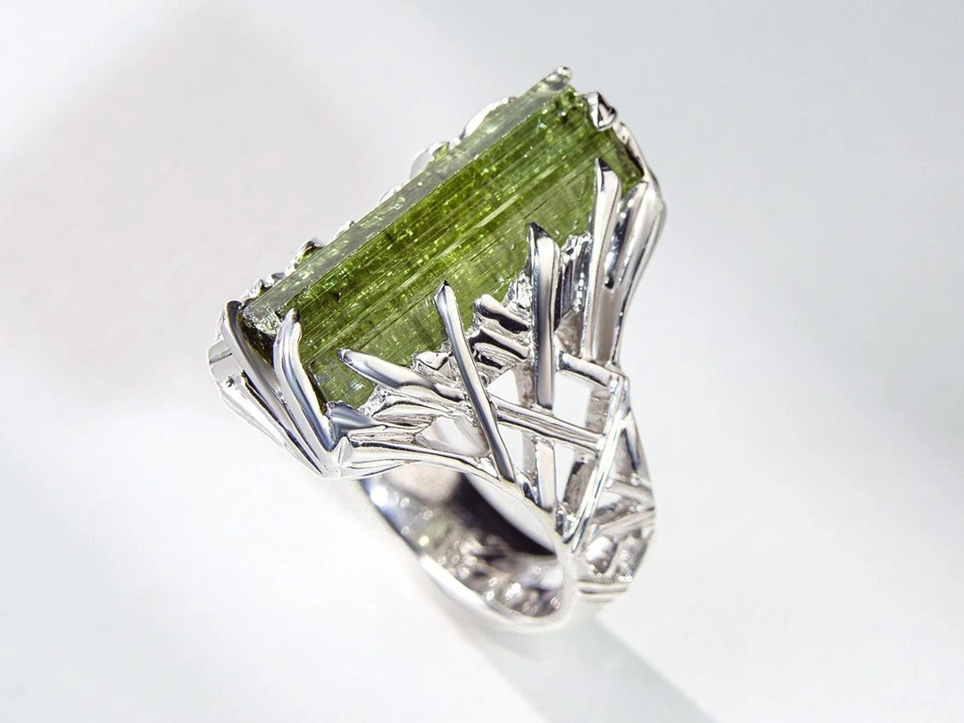 Green Tourmaline Verdelite Crystal Silver Ring Raw Uncut Gem Apple ...