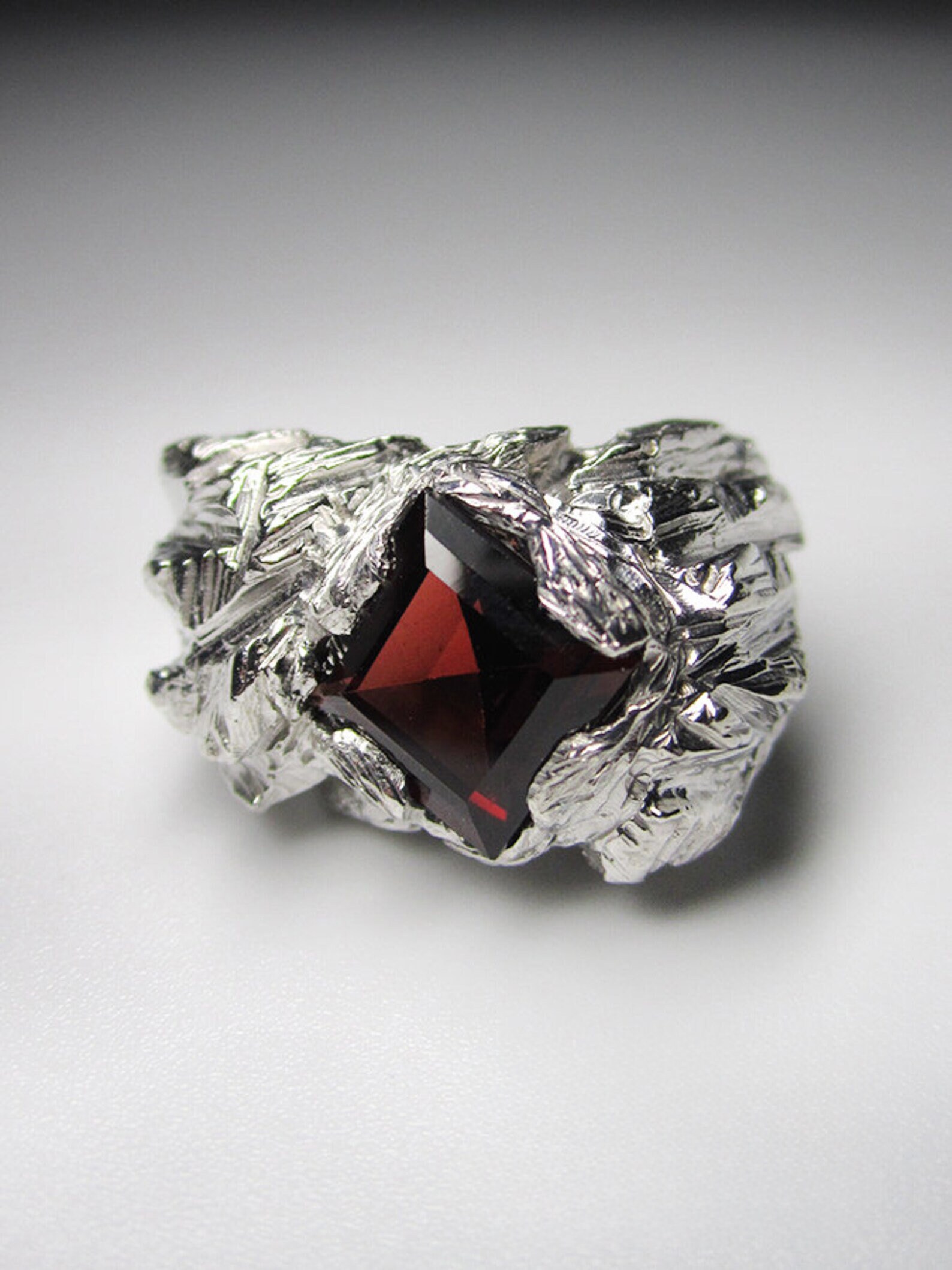 Large Almandine Garnet Silver Ring Fancy Square Cut Deep Red Color ...