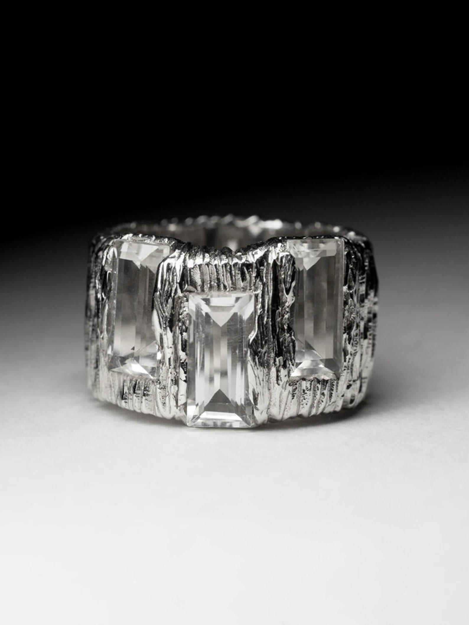 Bold Rock Crystal Ring Silver Large Baguette Cut Gems Natural Brazilian ...