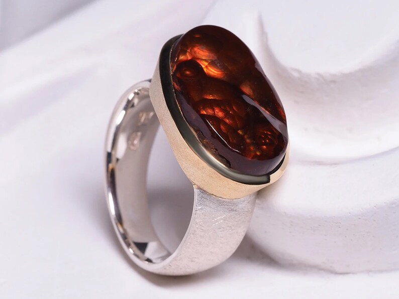 Fire Agate Scratched Silver Ring Natural Mexican Gemstone Unisex ...