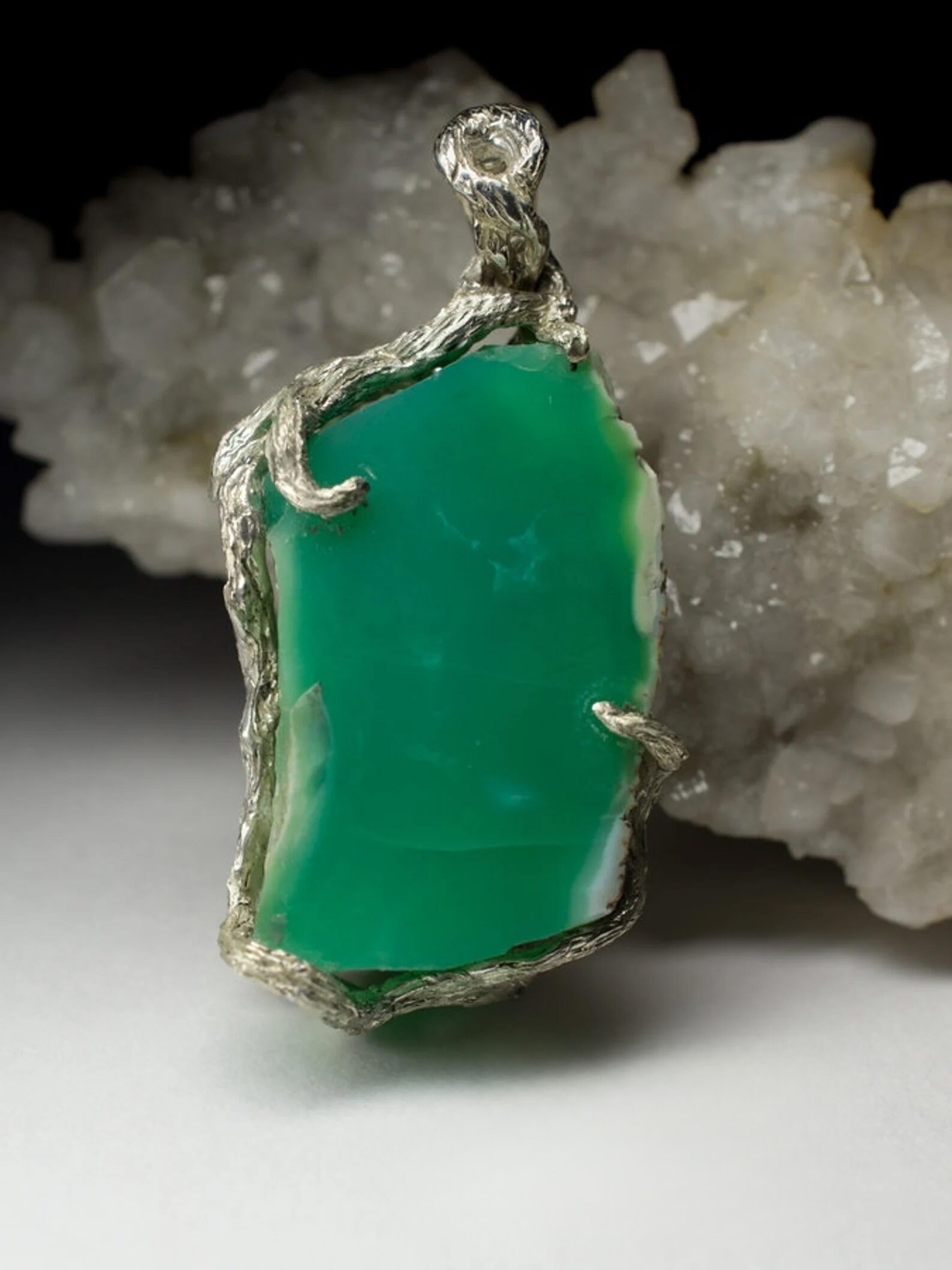 Raw Chrysoprase Pendant Silver Natural Green Gemstone Unisex Men's Fine ...