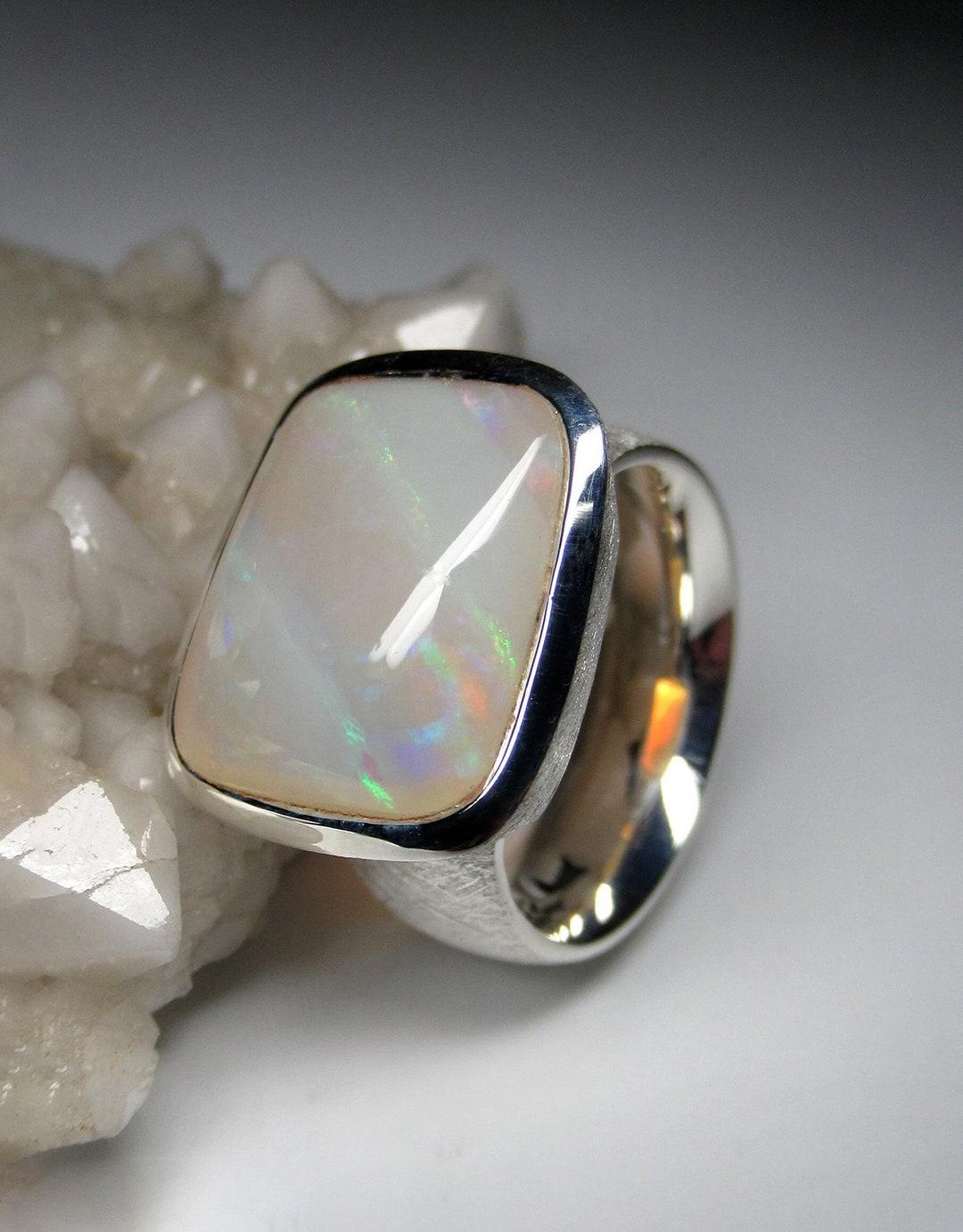Large Opal Ring, Silver Crystal Australian Precious Opal, Gemstone ...