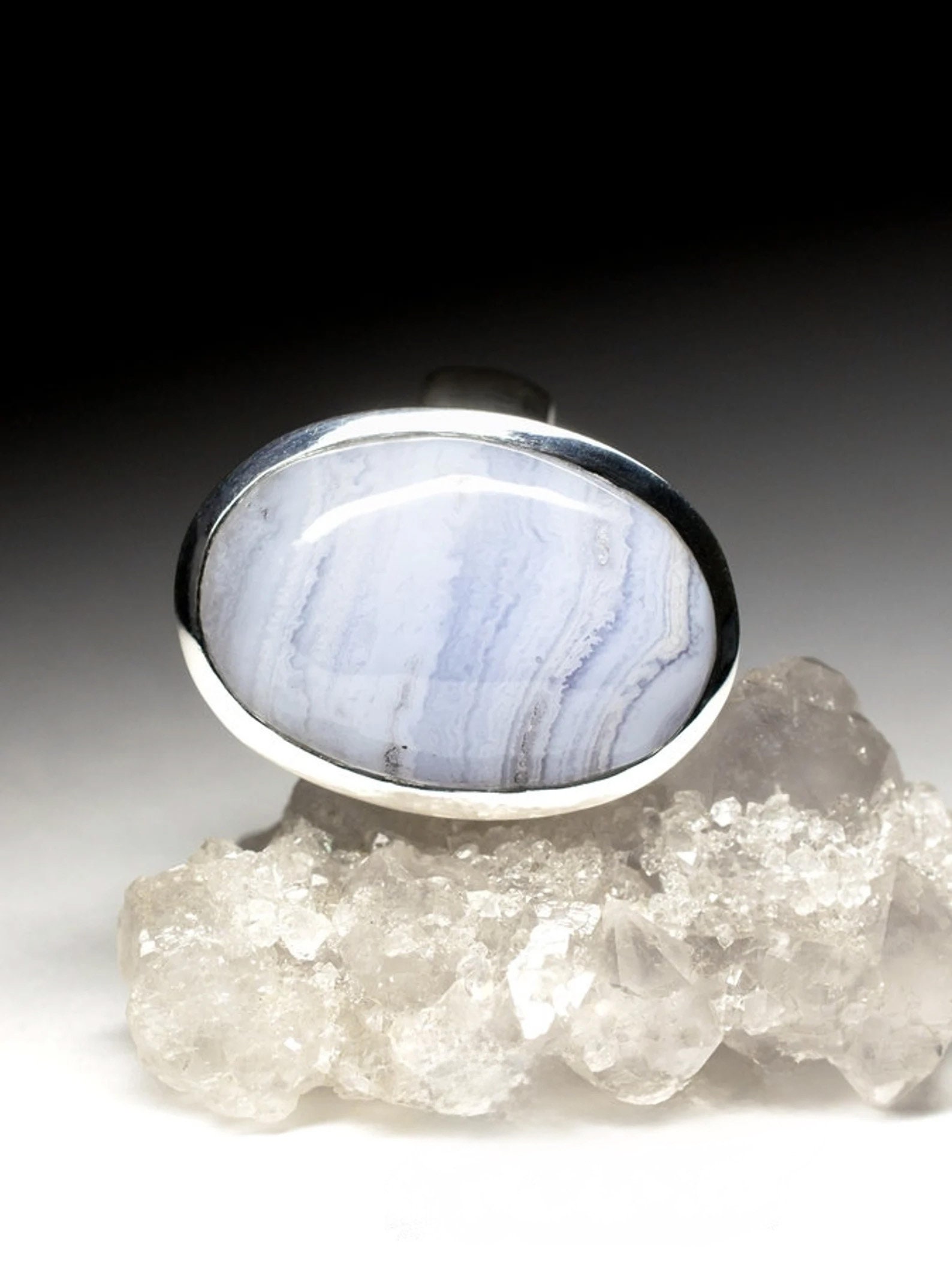 Big Blue Lace Agate Ring Silver Natural Snow White Chalcedony Sterling ...