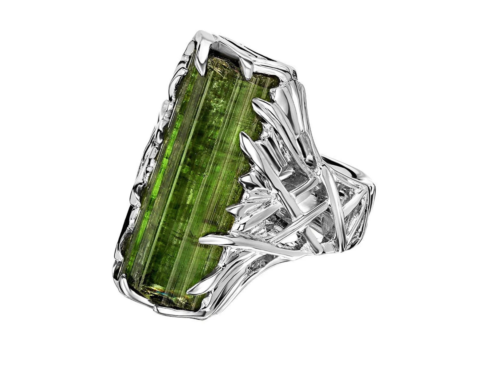 Green Tourmaline Verdelite Crystal Silver Ring Raw Uncut Gem Apple ...
