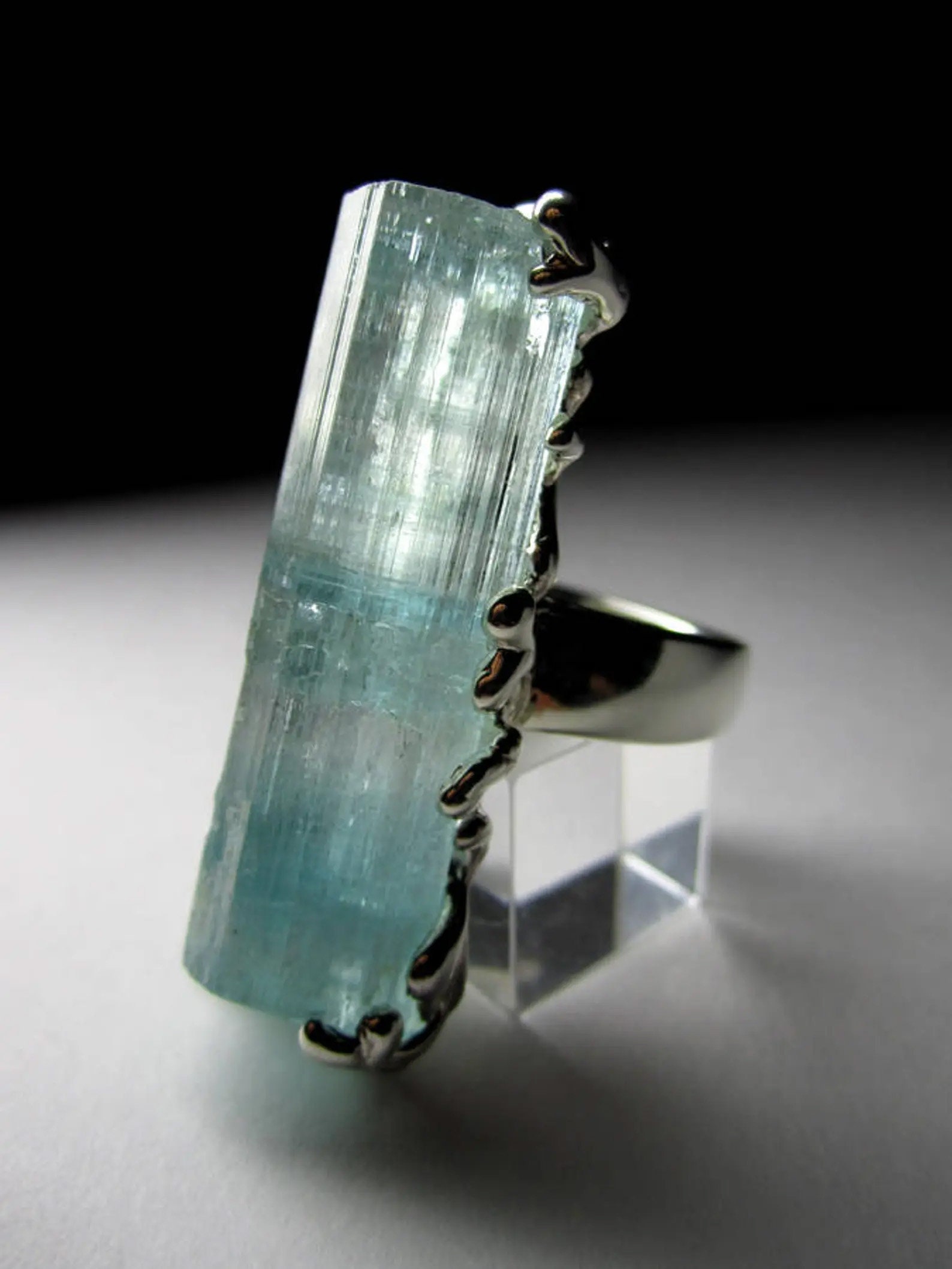 Large Aquamarine Ring Silver, Natural Big Raw Crystal Blue Beryl ...