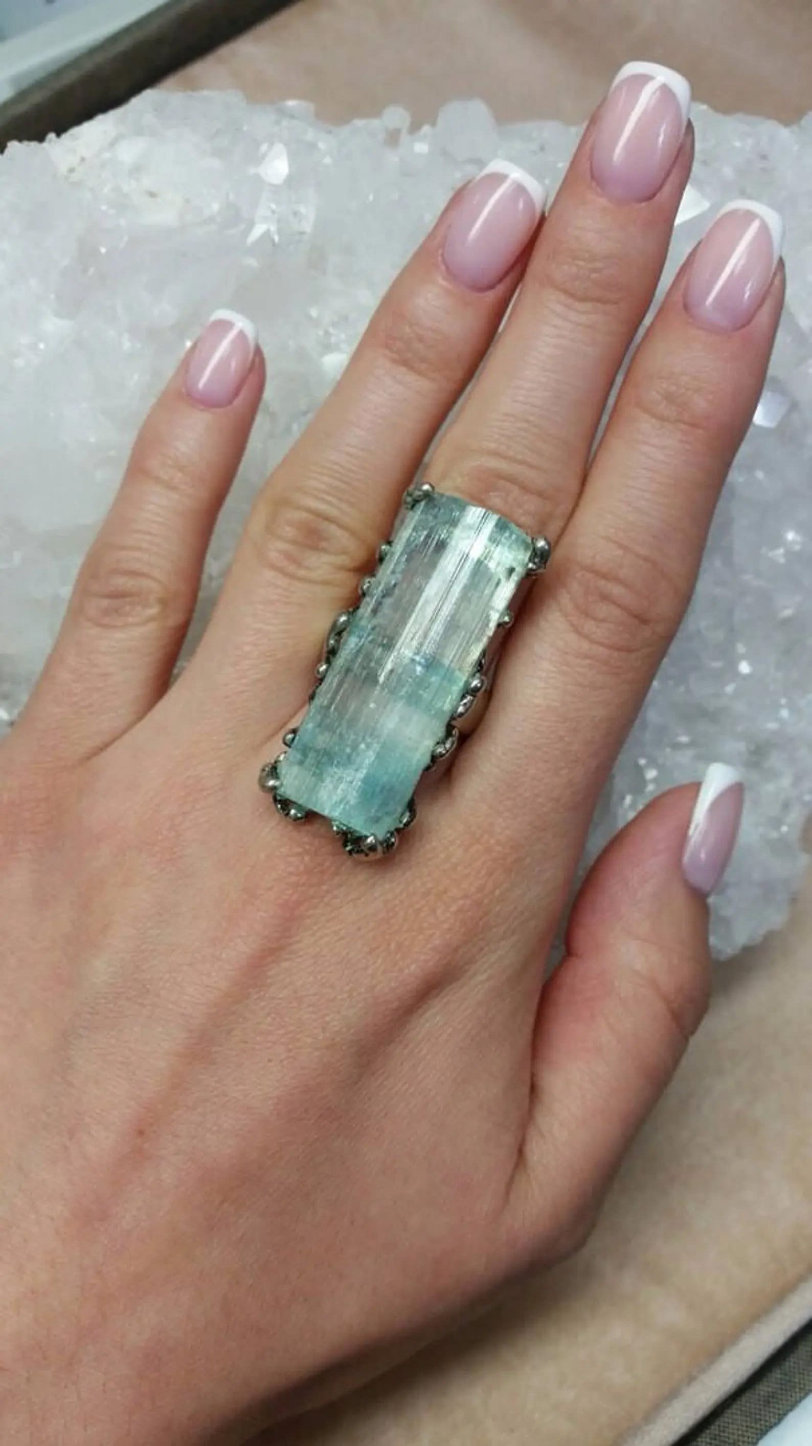 Large Aquamarine Ring Silver, Natural Big Raw Crystal Blue Beryl ...