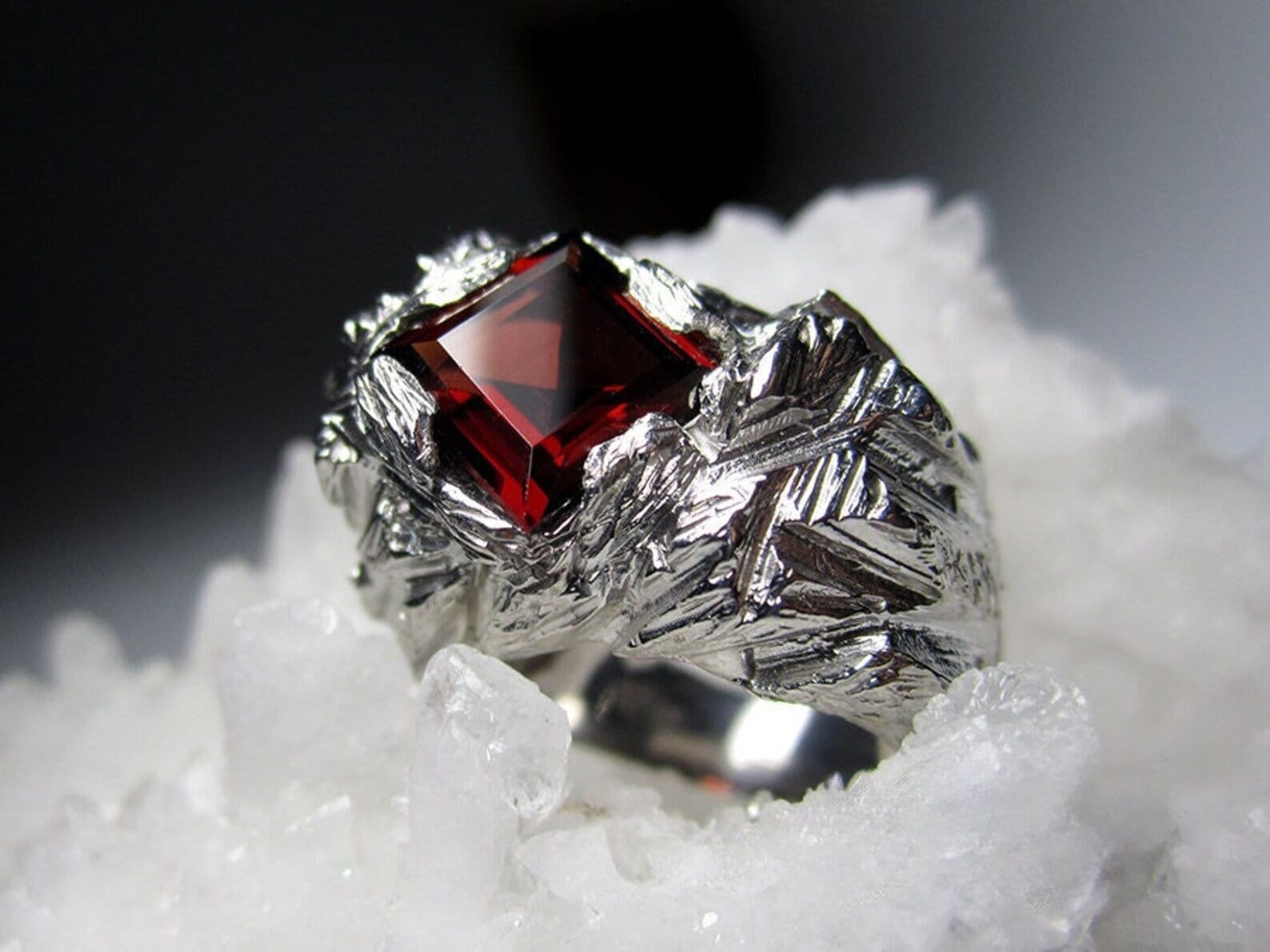 Large Almandine Garnet Silver Ring Fancy Square Cut Deep Red Color ...