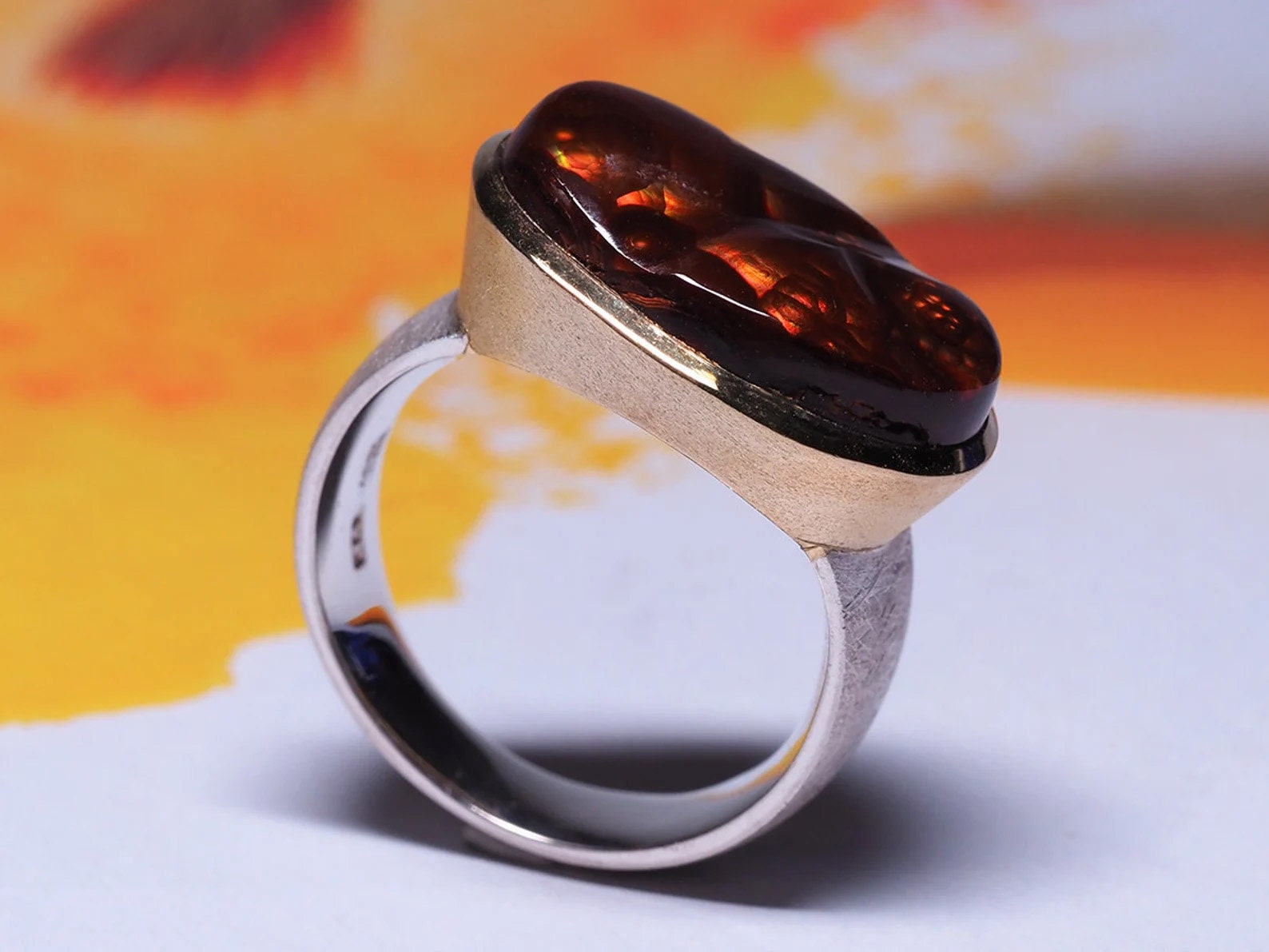 Fire Agate Scratched Silver Ring Natural Mexican Gemstone Unisex ...