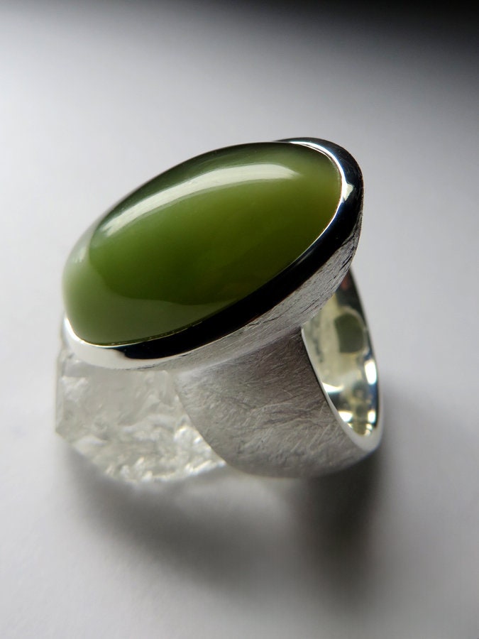 Big Nephrite Cat's Eye Ring Silver Cabochon Natural Gemstone Yellowish ...