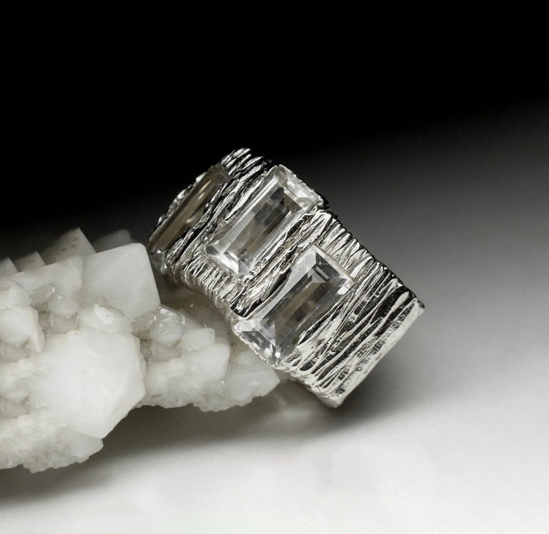 Bold Rock Crystal Ring Silver Large Baguette Cut Gems Natural Brazilian ...