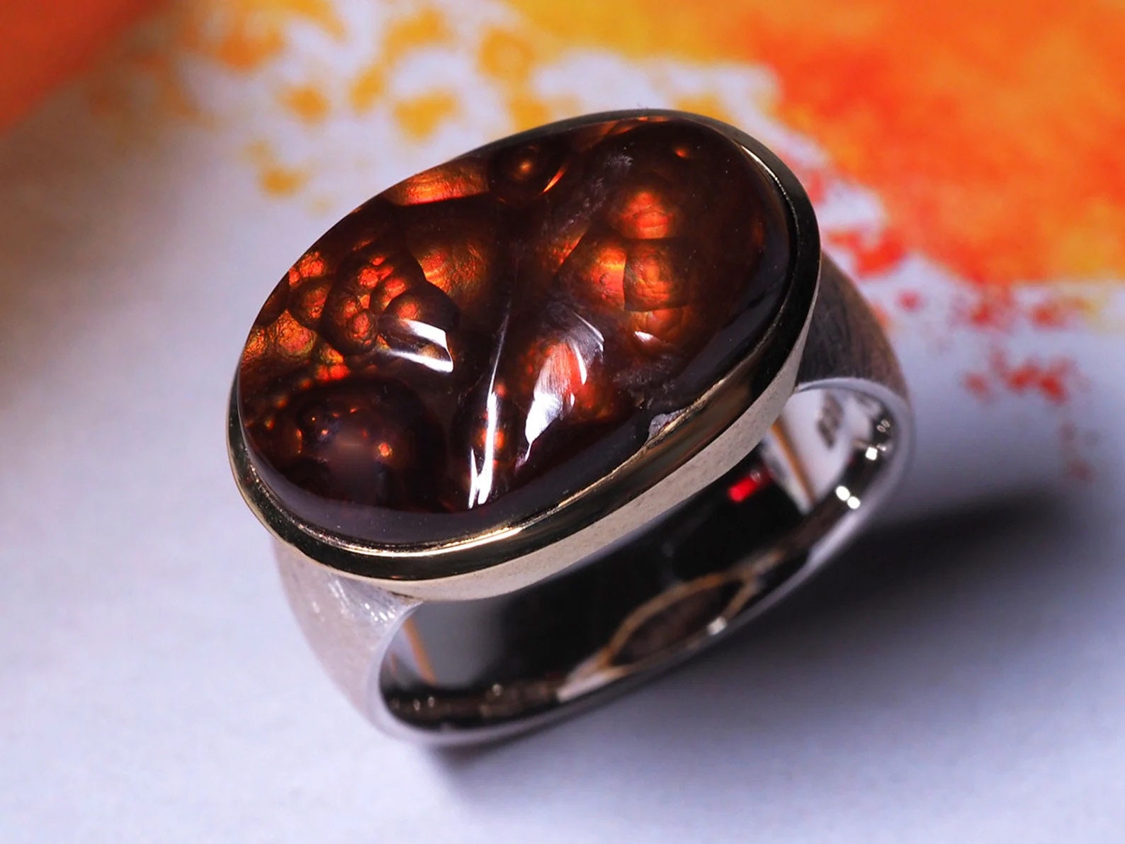 Fire Agate Scratched Silver Ring Natural Mexican Gemstone Unisex ...