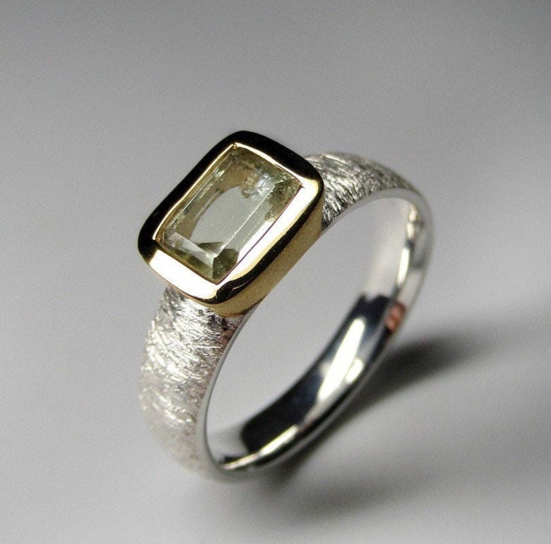 Heliodor Scratched Silver Ring Gold Plated Natural Brazilian Gem Yellow ...