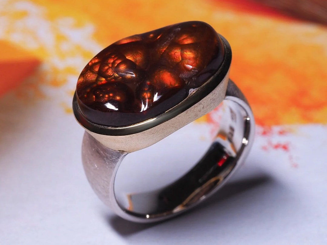 Fire Agate Scratched Silver Ring Natural Mexican Gemstone Unisex ...