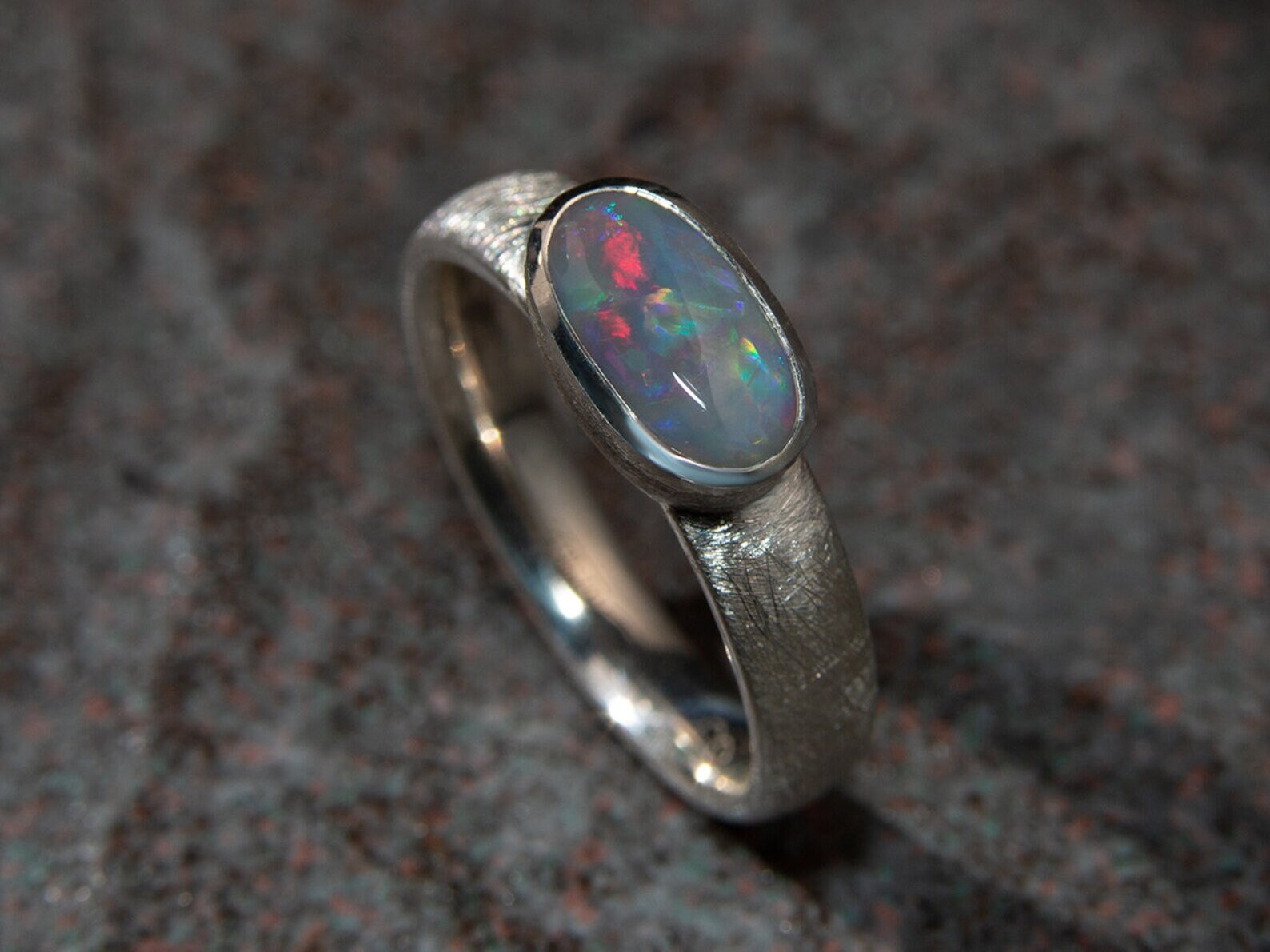 Opal Scratched Silver Ring Multicolor Oval Cabochon Gem Natural ...