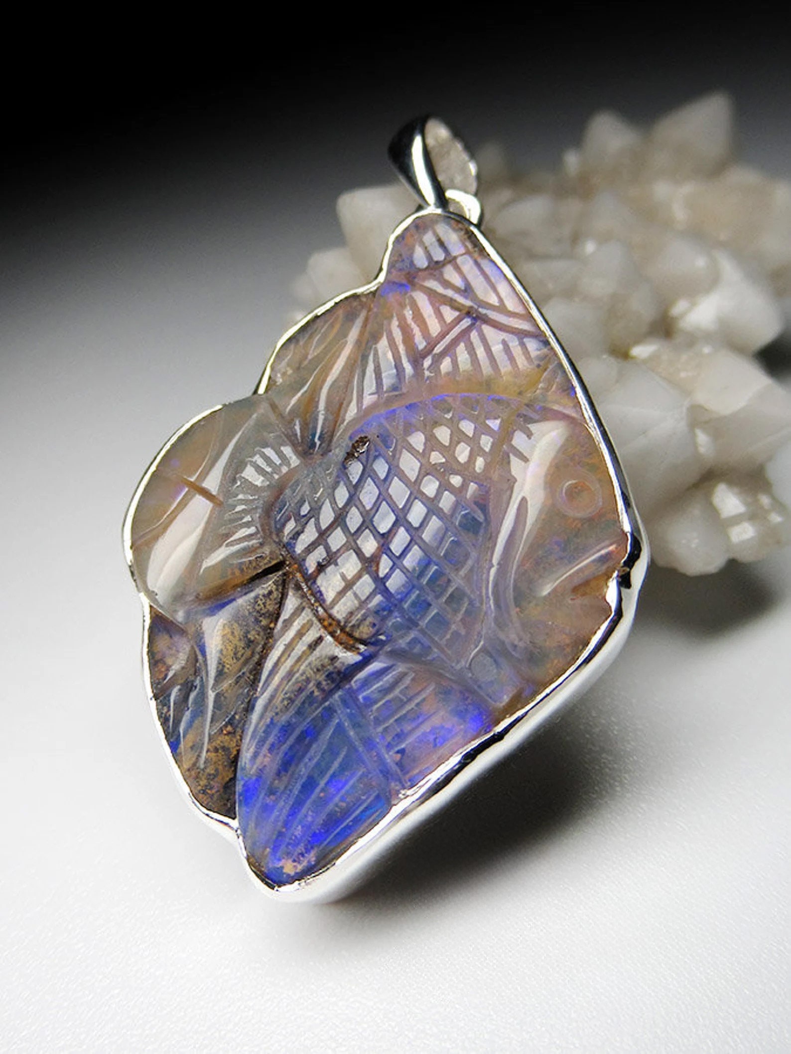 Opal Carving Silver Fish Shaped Pendant Natural Bicolor Gemstone ...