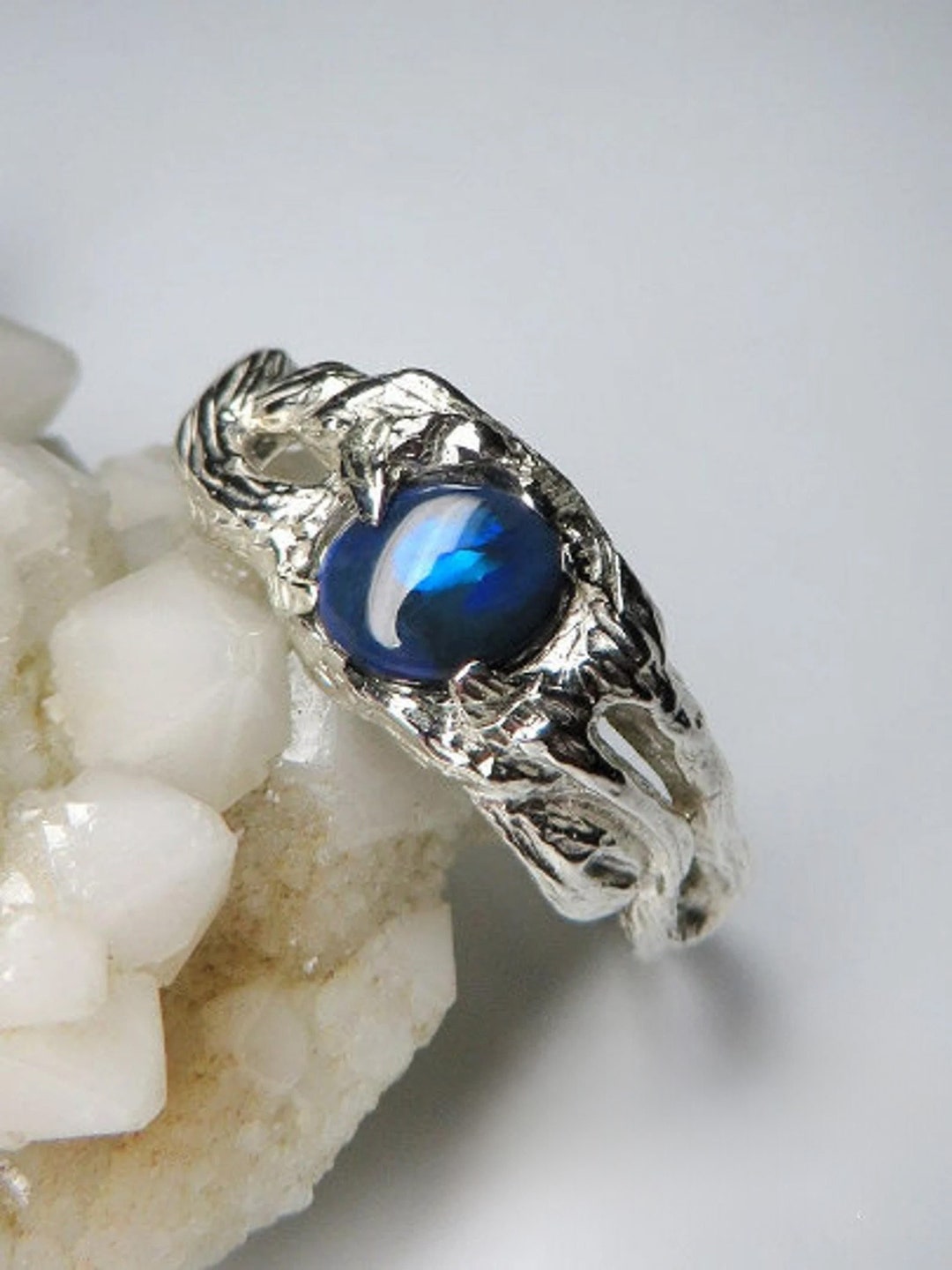 Blue Opal Ring Silver Natural Inky Opal Blue Color One of a Kind ...
