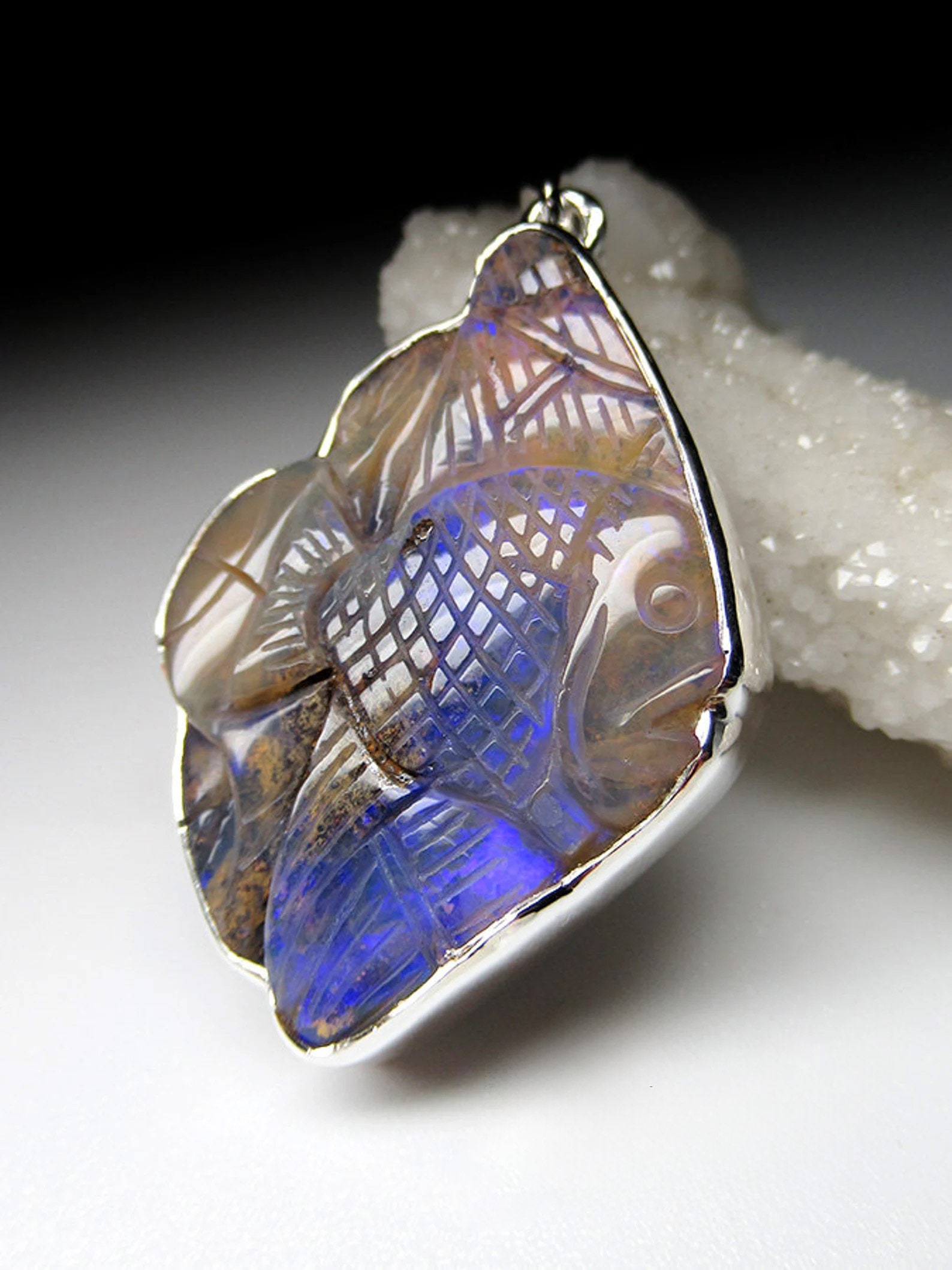 Opal Carving Silver Fish Shaped Pendant Natural Bicolor Gemstone ...