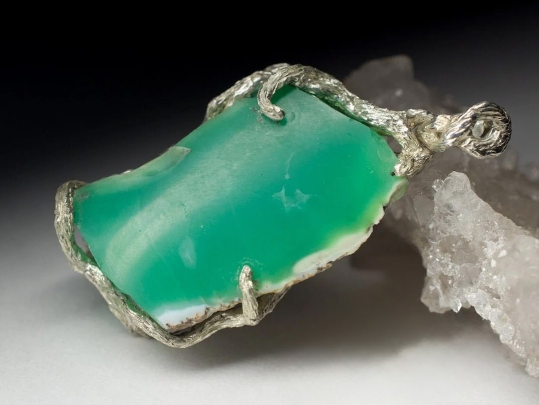 Raw Chrysoprase Pendant Silver Natural Green Gemstone Unisex Men's Fine ...