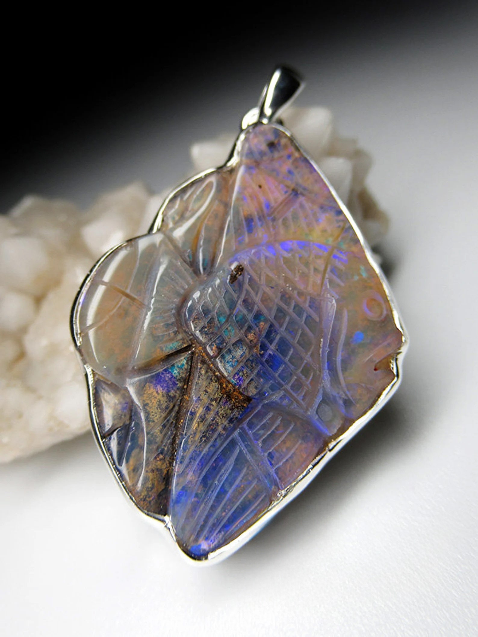 Opal Carving Silver Fish Shaped Pendant Natural Bicolor Gemstone ...