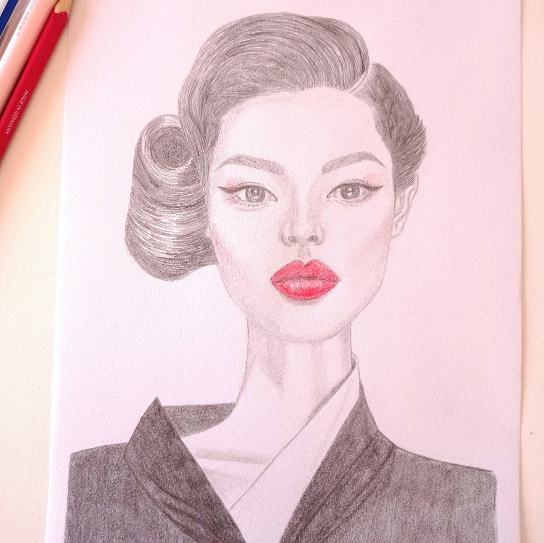 Pencil Drawing - Asian Woman With Red Lips: Sensual and Elegant Art. - Etsy