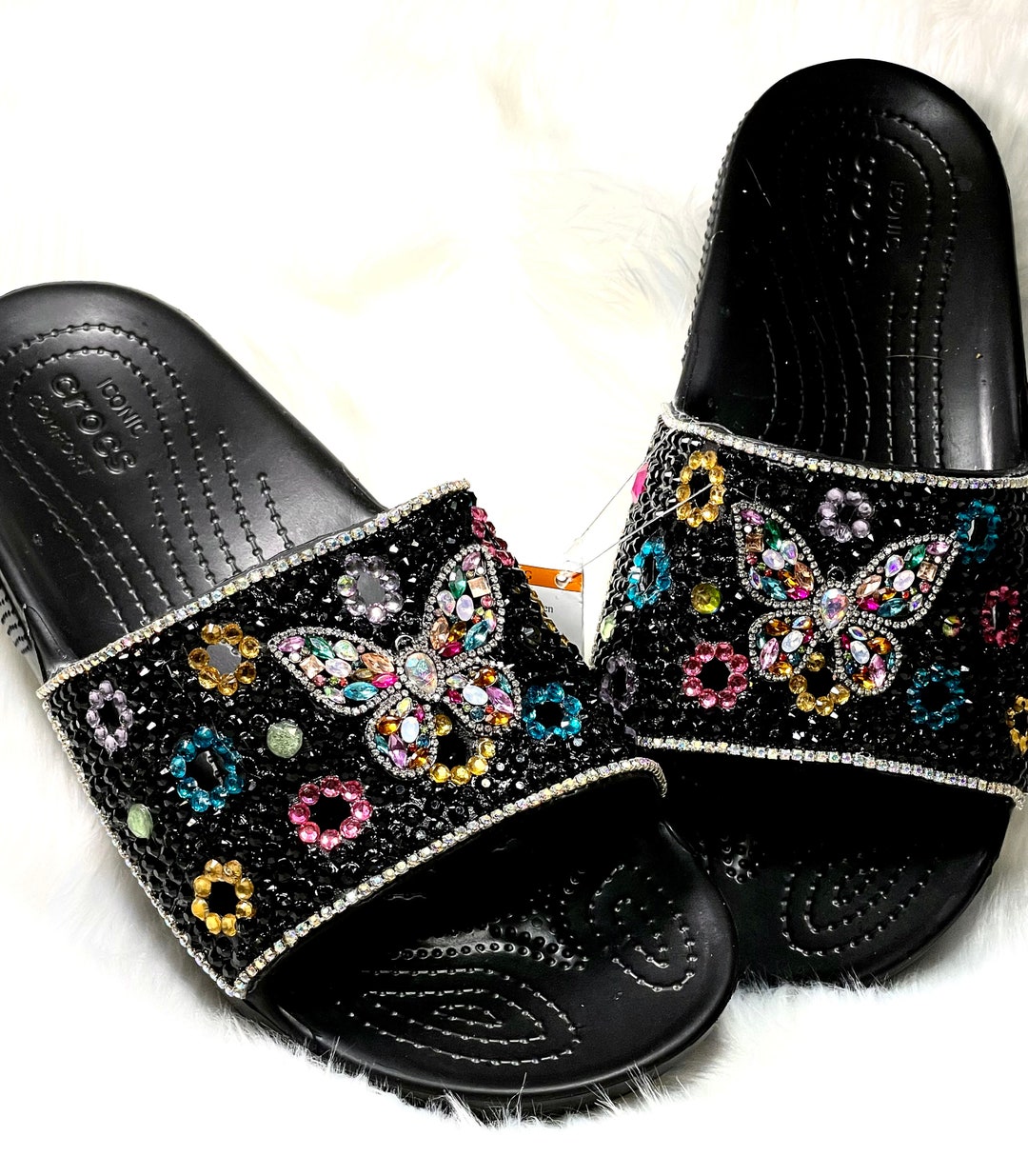 Bling'd Out Black Croc Slides - Butterfly Themed - Women's Size 10 - Etsy