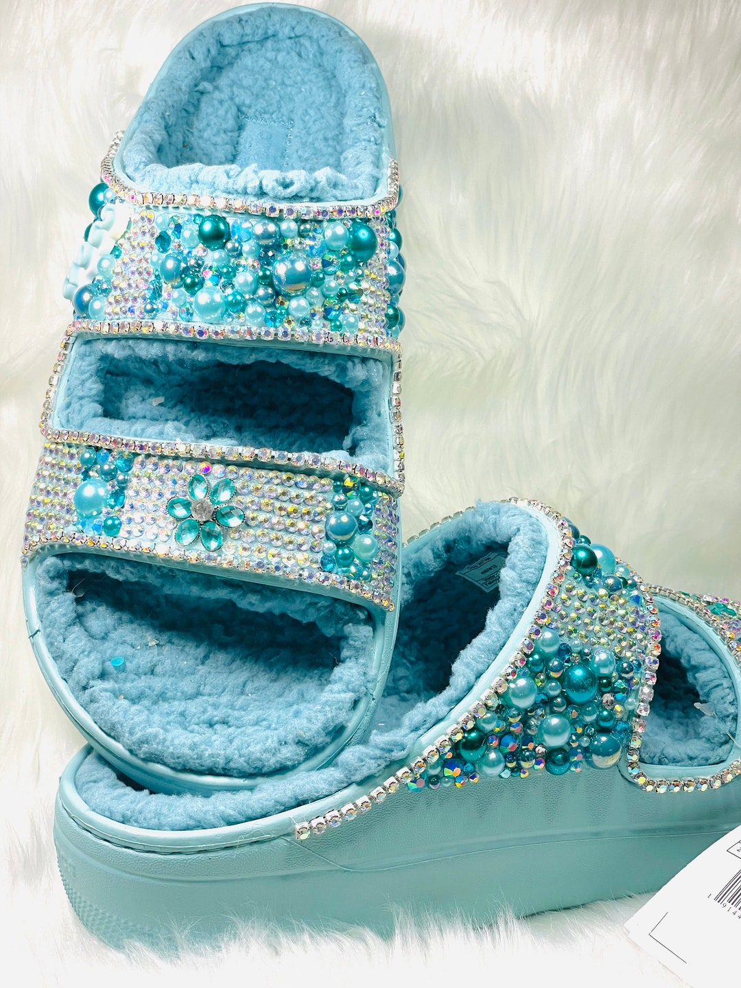 Aqua Bling Croc Sandals Size 10, Rhinestone Pearl Slides, Glam Summer ...