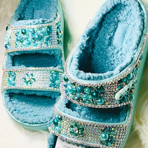 Aqua Bling Croc Sandals Size 10, Rhinestone Pearl Slides, Glam Summer ...