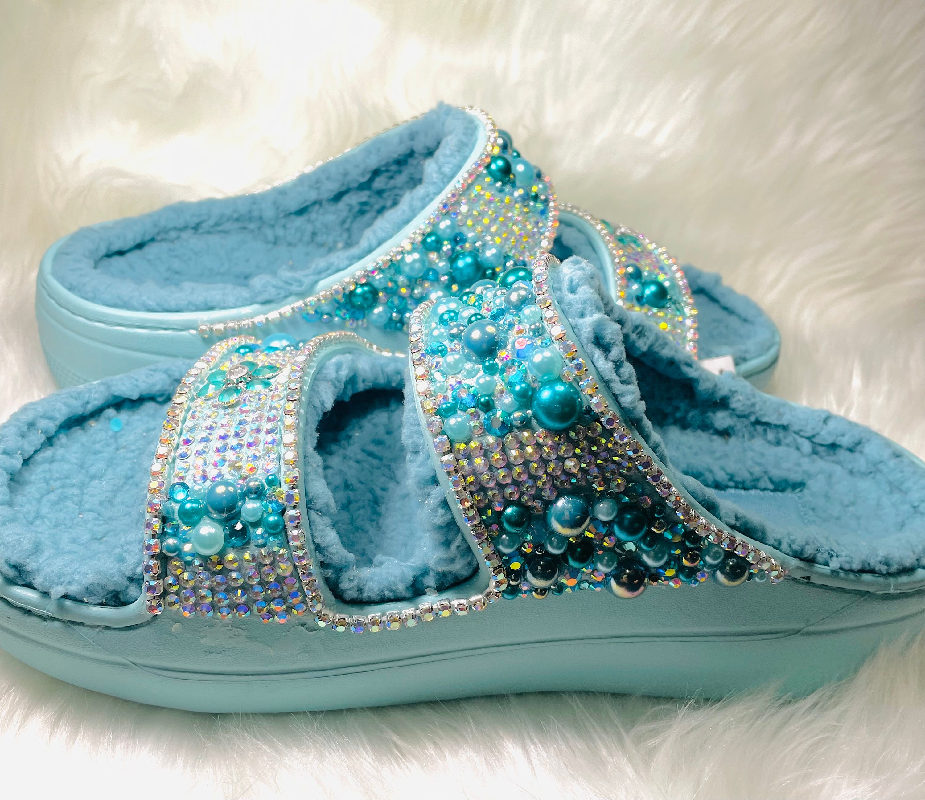 Aqua Bling Croc Sandals Size 10, Rhinestone Pearl Slides, Glam Summer ...