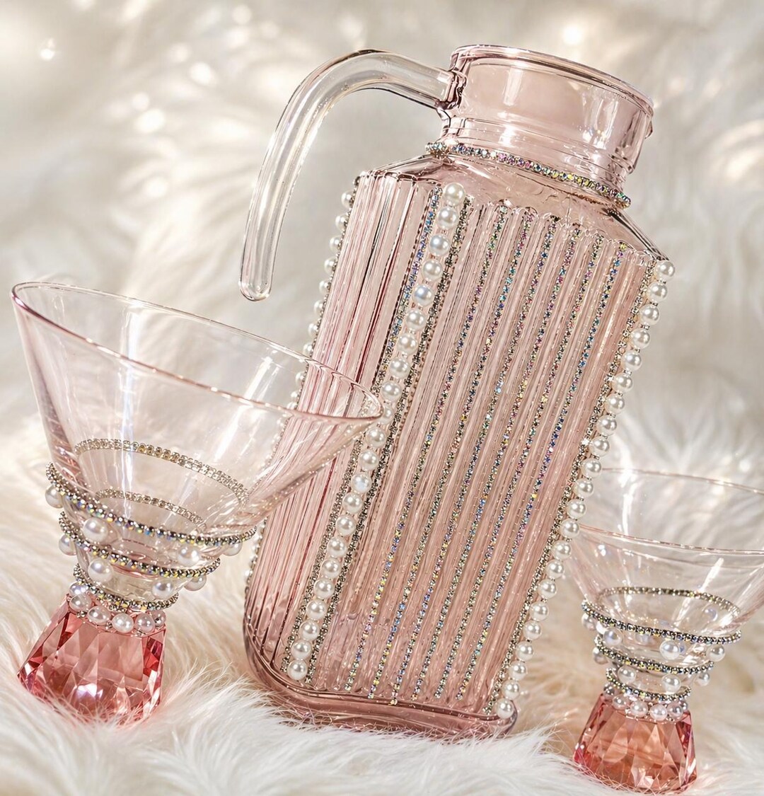Pink Rhinestone Martini Glasses and Pitcher Set - Bling Barware - Etsy