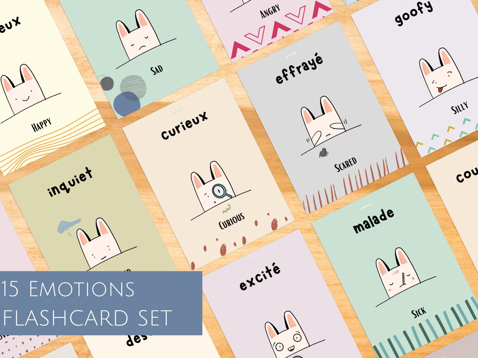 French-english Bilingual Emotions Chart Flashcards Set Printable ...