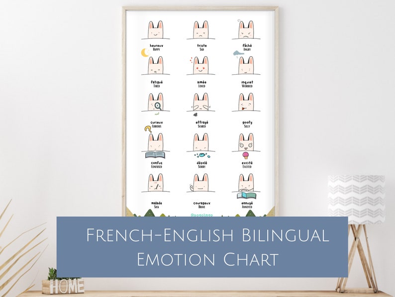 French-english Bilingual Emotions Chart Flashcards Set Printable ...